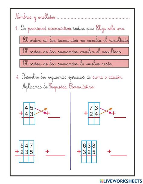 Propiedad Conmutativa De La Suma Interactive Exercise Live Worksheets