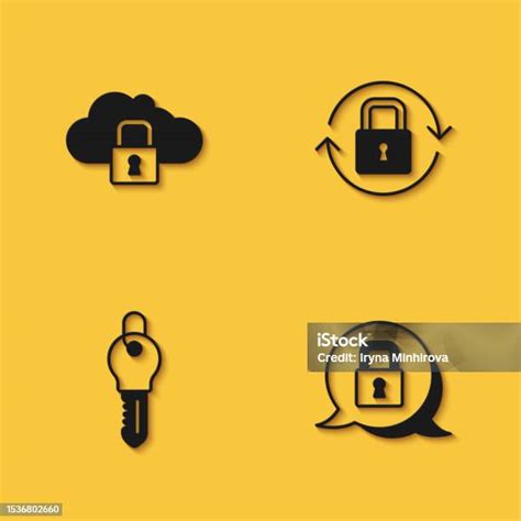 Set Cloud Computing Lock Lock Key And Icon With Long Shadow Vector