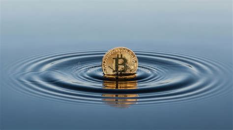 Gold Bitcoin Half Submerged In Blue Water Ripples Stock Illustration