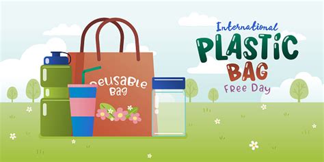 국제 비닐 봉지 무료 배너 포스터 종이 봉지 유리 항아리 재사용 가능한 병 및 텀블러 신선한 배경 벡터 일러스트레이션 7월에