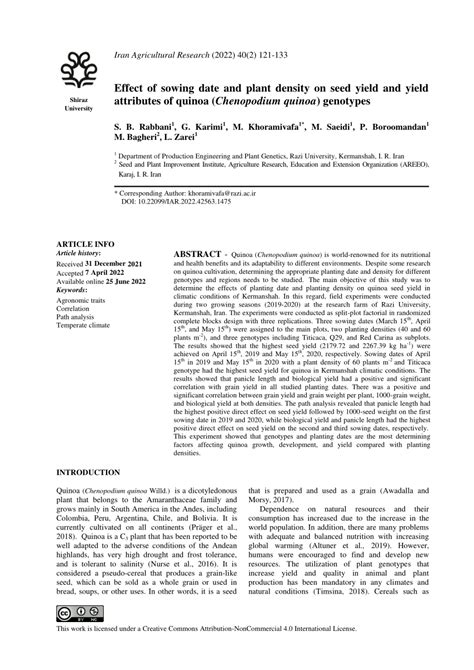 Pdf Effect Of Sowing Date And Plant Density On Seed Yield And Yield Attributes Of Quinoa