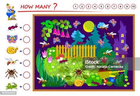 어린이 책을위한 교육 워크 시트 정원에 있는 곤충의 수를 세고 원 안에 숫자를 씁니다 아이들을 위한 수학 교육 논리 퍼즐 게임 계산 기술 개발 온라인 플레이 곤충에 대한