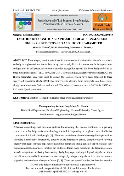 Pdf Emotion Recognition Via Physiological Signals Using Higher Order Crossing And Hjorth Parameter