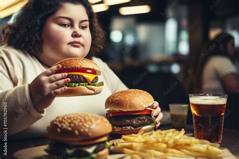 Fat Girl Eating Hamburger In Fast Food Restaurant A Girl With An Obese