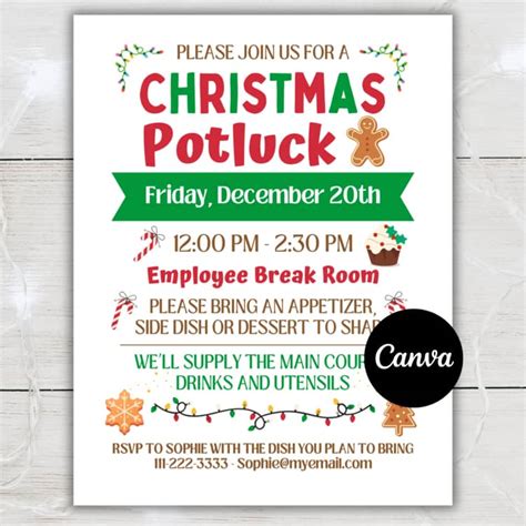 Christmas Party Potluck Flyer Editable Canva Template Holiday Potluck