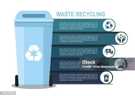 다른 종류의 폐기물을 재활용하기위한 쓰레기통 플라스틱 유기 전자 폐기물 유리 종이를 정렬합니다 벡터 인포그래픽 재활용에 대한