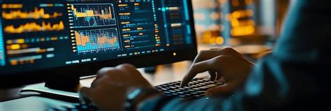 Closeup Of Hands Typing On A Keyboard With Data Visualization On Computer Screen Photo Premium