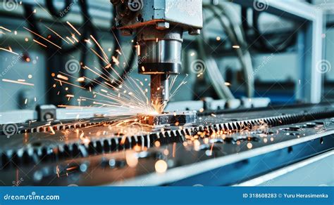 A Cnc Machine Expertly Cuts Through Metal In A Factory Creating Sparks As It Shapes The