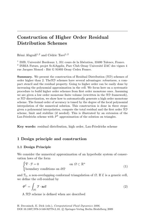 Pdf Construction Of Higher Order Residual Distribution Schemes
