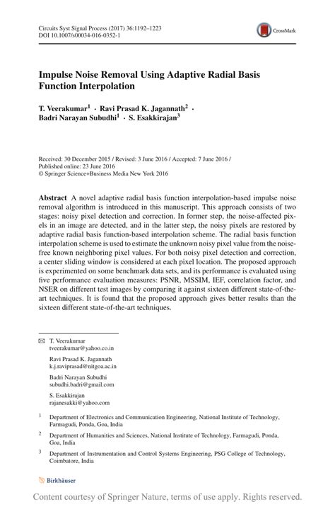 Impulse Noise Removal Using Adaptive Radial Basis Function Interpolation Request Pdf
