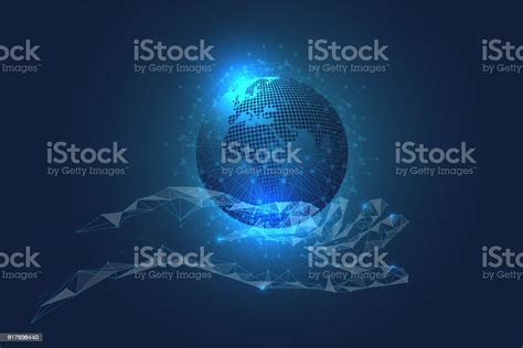 다각형 손을 글로브 추상적인 기술 글로벌 비즈니스 개념입니다 기술 연결입니다 3차원 형태에 대한 스톡 벡터 아트 및 기타 이미지 3차원 형태 개념 개념과 주제