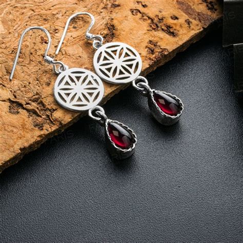 Garnet Mandala Drop Earrings In Silver Faris Jewels