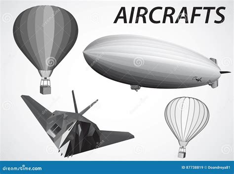 Aircraft Airship Stealth And Hot Air Balloon Vector Illustration