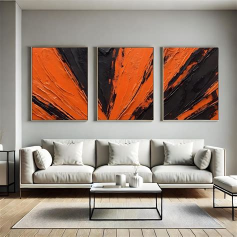 Abstract Orange And Black Triptych Wall Art Modern Textured Impasto