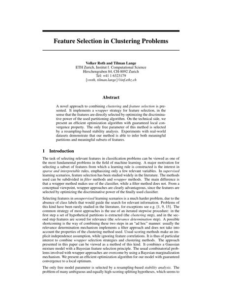 Pdf Feature Selection In Clustering Problems