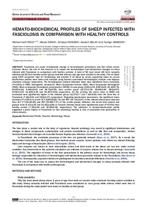 Pdf Hemato Biochemical Profiles Of Sheep Infected With Fasciolosis In