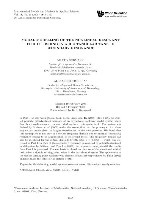 Pdf Modal Modelling Of The Nonlinear Resonant Fluid Sloshing In A Rectangular Tank Ii