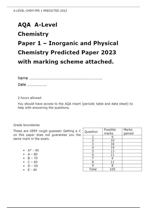 Aqa A Level Chemistry Paper 1 Inorganic And Physical Chemistry Predicted Paper 2023 With Marking