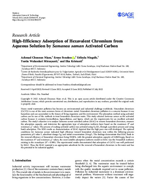 Pdf High Efficiency Adsorption Of Hexavalent Chromium From Aqueous Solution By Samanea Saman