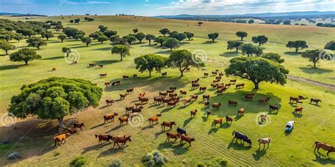 Aerial View Of A Herd Of Bovine Cattle In Alentejo Oak And Pasture