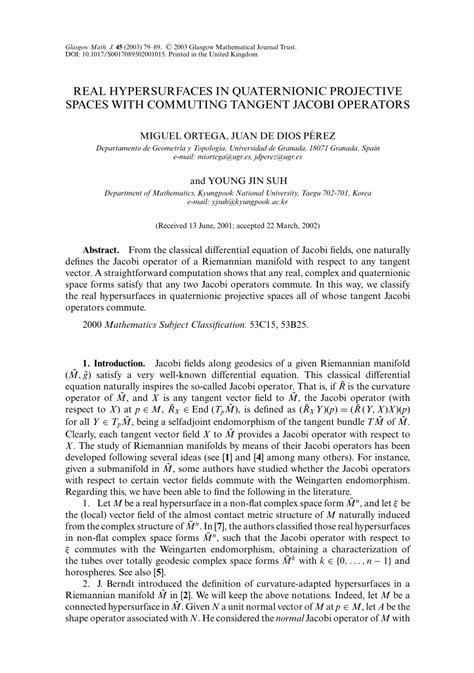 Pdf Real Hypersurfaces In Quaternionic Projective Spaces With Commuting Tangent Jacobi Operators