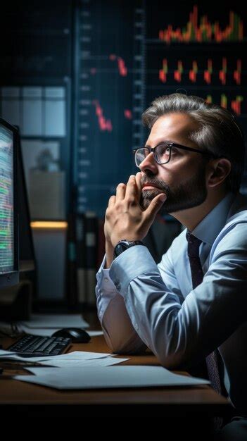 pensive man looking at computer screen premium ai generated image
