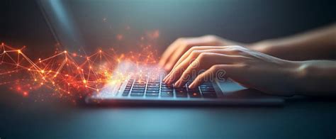 A Laptop Keyboard Is Being Typed On By Hands Surrounded By Glowing Network Connections Stock