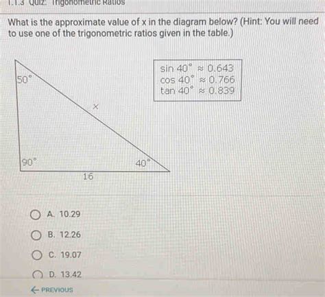 Solved Quiz Trigonometric Ratios What Is The Approximate Value Of X