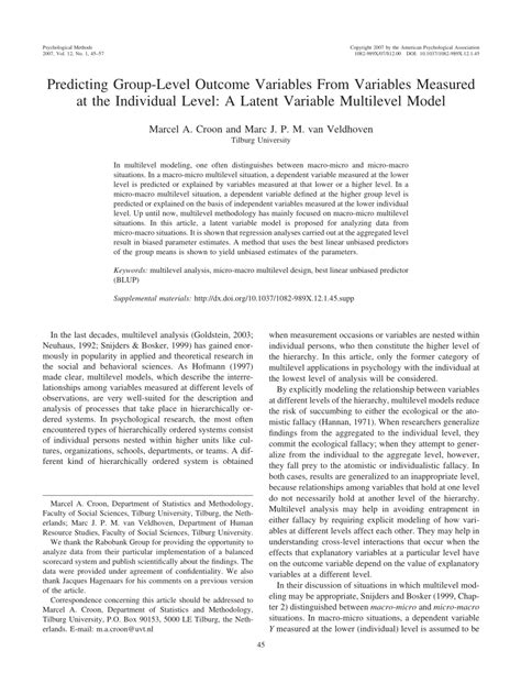 Pdf Predicting Group Level Outcome Variables From Variables Measured