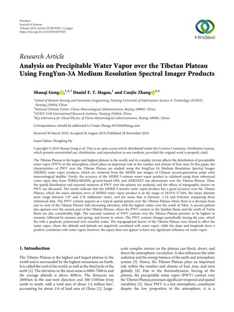 Pdf Analysis On Precipitable Water Vapor Over The Tibetan Plateau Using Fengyun 3a Medium