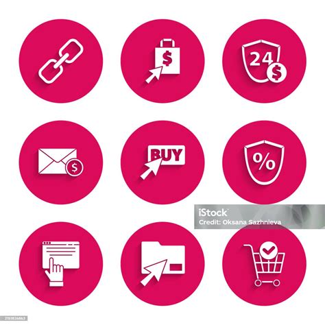 구매 버튼 커서 클릭 문서 폴더 확인 표시가 있는 장바구니 대출 비율 온라인 쇼핑 화면 봉투 동전 달러 방패 및 체인 링크 아이콘을 설정합니다 벡터 24에 대한 스톡 벡터