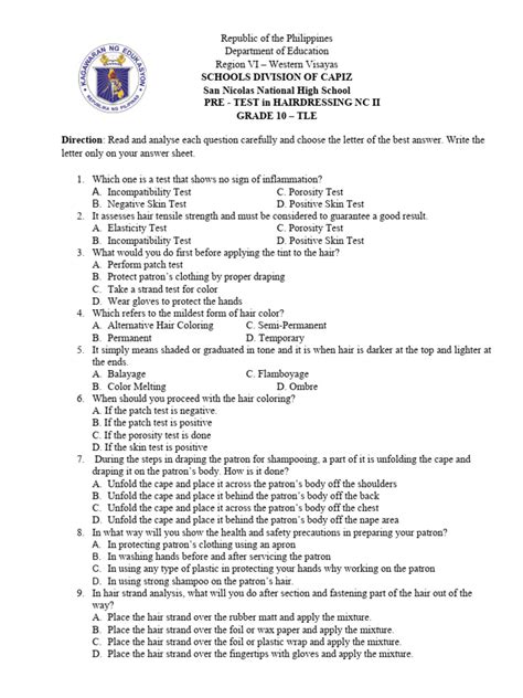 Hairdressing Nc Ii Pre Test Questions Pdf