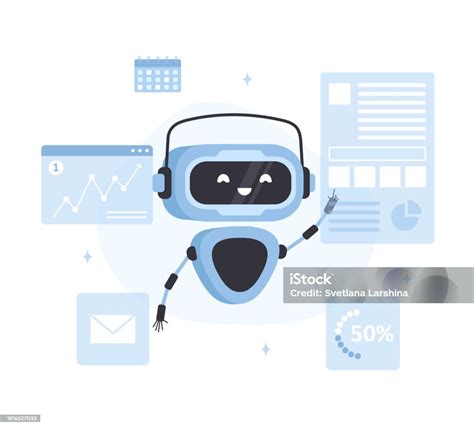 챗봇 개념 Ai 비즈니스 비서 온라인 고객 지원 버추얼 로봇은 데이터를 분석합니다 인공지능 현대 기술 평면 만화 스타일의 벡터 일러스트 레이 션 고객 서비스 담당자에 대한
