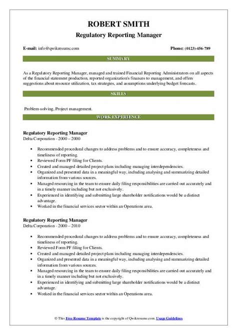 Regulatory Reporting Manager Resume Samples Qwikresume