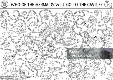인어 흑인과 백인 미로 와 바다 침대 풍경 공주 성 해양 유치원 인쇄 가능한 활동 바다 왕국 미로 게임 색칠 공부 페이지 보물 상자가 있는 워크시트 아이에 대한 스톡 벡터