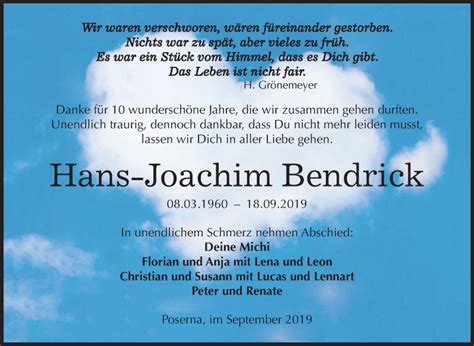 Traueranzeigen Von Hans Joachim Bendrick Abschied Nehmen De