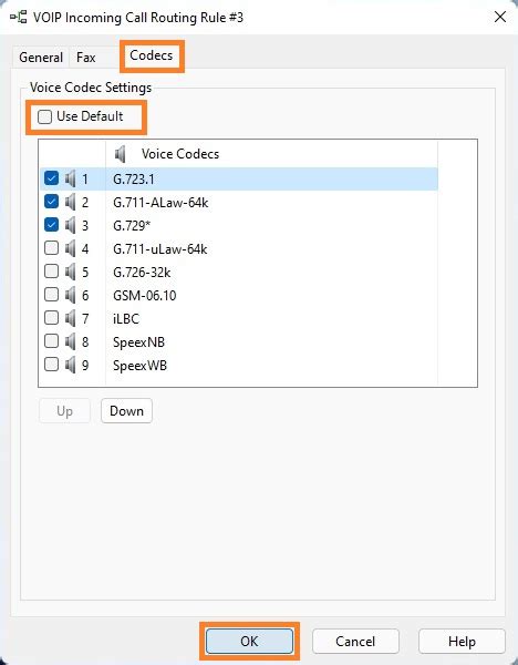 Incoming Codecs Settings