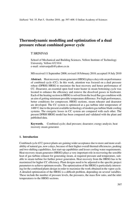Pdf Thermodynamic Modeling And Optimization Of A Dual Pressure Reheat Combined Power Cycle