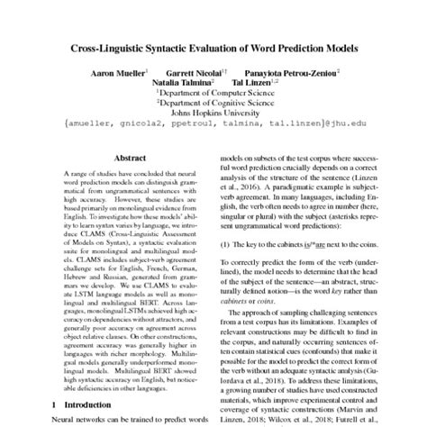 Cross Linguistic Syntactic Evaluation Of Word Prediction Models Acl