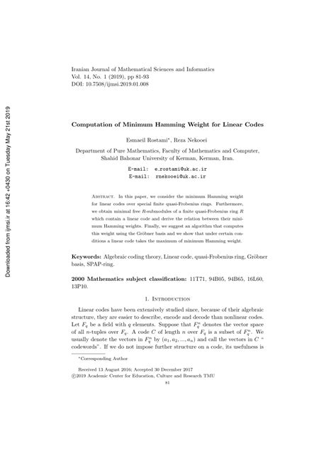 Pdf Computation Of Minimum Hamming Weight For Linear Codes