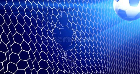 Soccer Ball Flying and Tearing Goal Net on Dark Background with Stadium ...