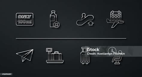 기내 반입 수하물의 액체류 종이 비행기 달력 및 여행 가방 여행 가방으로 체중계 물병 없음 공항 터미널을 기다리는 사람 및