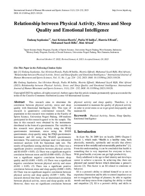 Pdf Relationship Between Physical Activity Stress And Sleep Quality And Emotional Intelligence