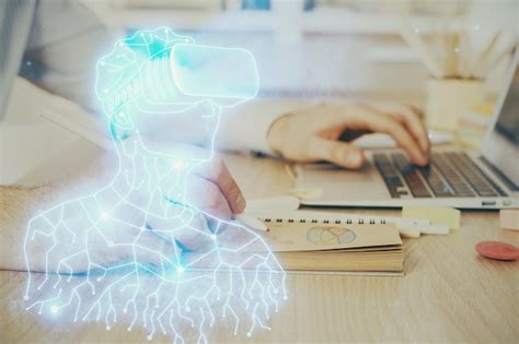 Premium Photo Ar Hologram With Man Working On Computer On Background