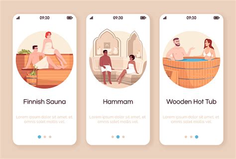 모바일 앱 화면 벡터 템플릿에 탑승하는 커플을위한 스파 리조트 사우나에 대한 스톡 벡터 아트 및 기타 이미지 사우나 터키탕 3 명 Istock