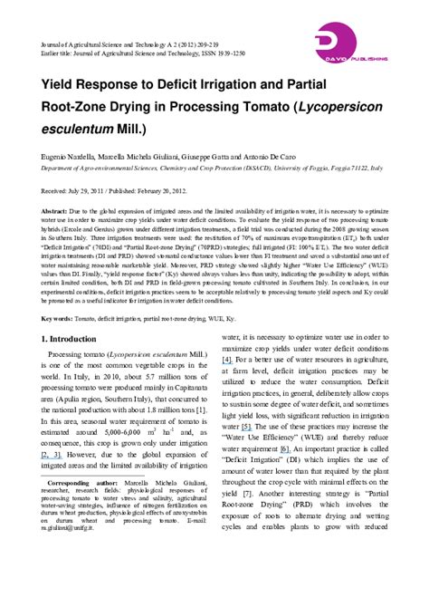 Pdf Yield Response To Deficit Irrigation And Partial Root Zone Drying In Processing Tomato