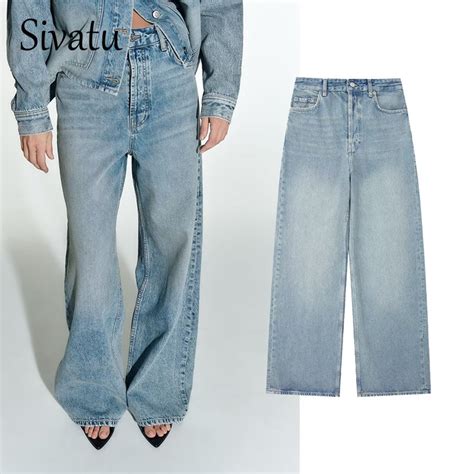 Sivatu Traf 여성용 패션 청바지 2023 하이 웨이스트 스트레이트 지퍼 배기 청바지 캐주얼 빈티지 하라주쿠 오버사이즈