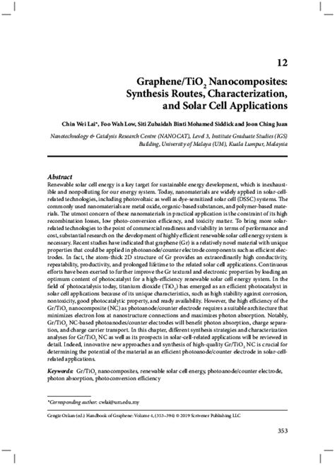 Pdf Graphene Tio2 Nanocomposites Synthesis Routes Characterization And Solar Cell Applications
