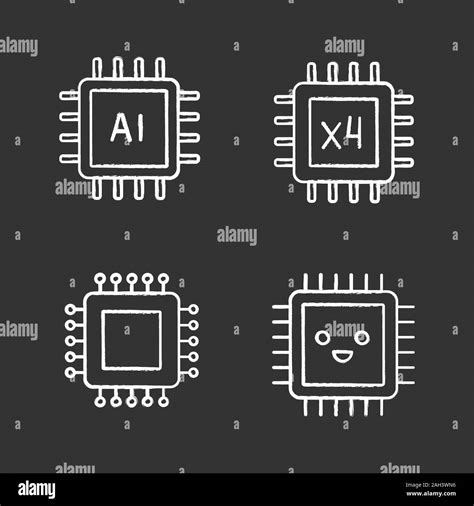 Processors Chalk Icons Set Chip Integrated Circuit For Ai System Smiling Microprocessor Quad