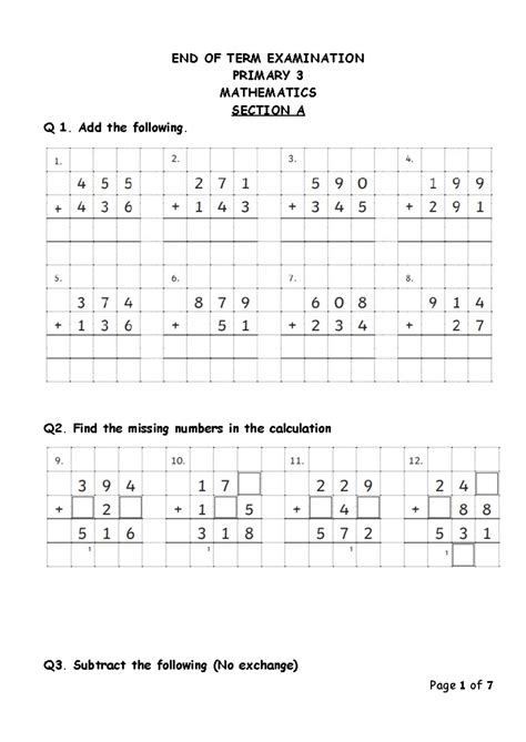 Year 3 Maths Exam Notes End Of Term Examination Primary 3